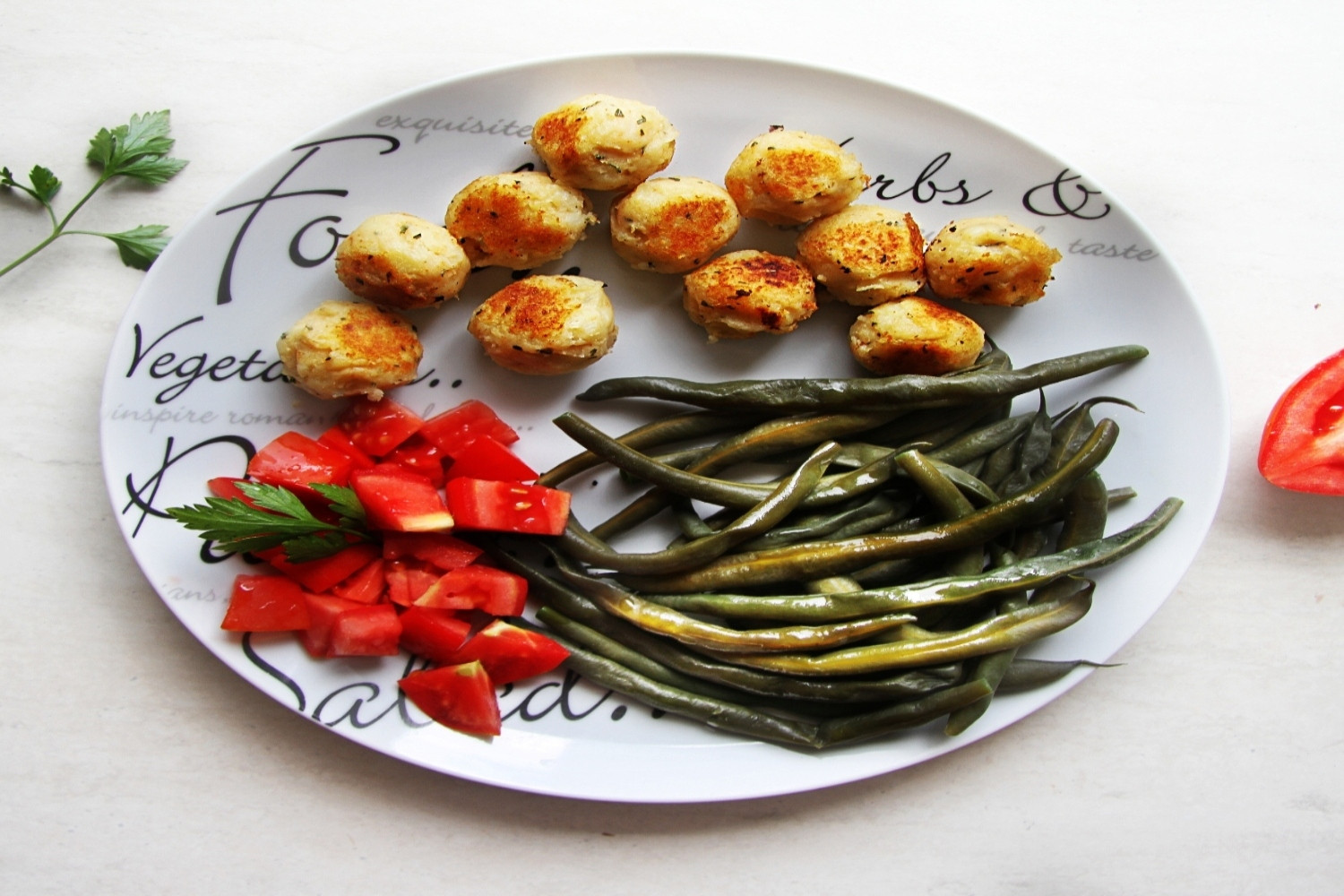Golden Potato Croquettes with Summer Green Bean & Tomato Salad