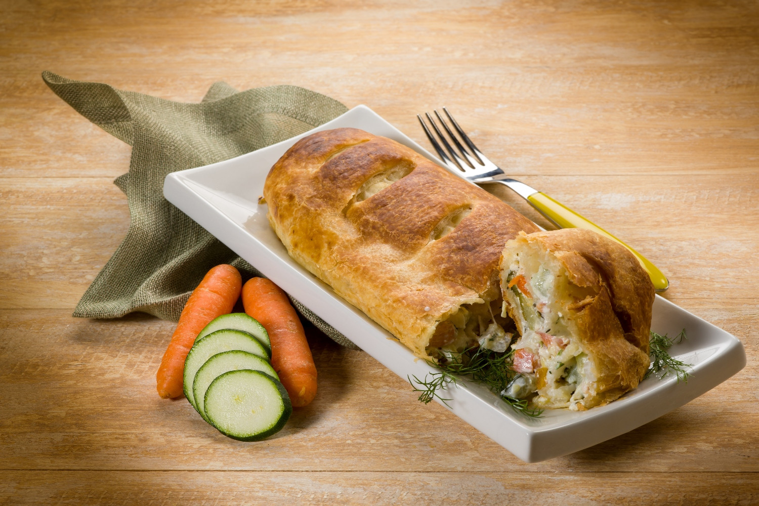 Golden Ricotta & Zucchini Strudel with Velvety Yellow Pepper Sauce